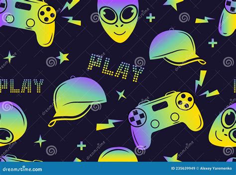 Gamepad Pattern Seamless Texture With Console Videogame Controllers And Game Slogans Vector