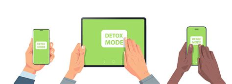 인터넷과 소셜 네트워크를 포기하는 화면에 해독 모드가있는 디지털 장치를 들고있는 인간의 손 개념에 대한 스톡 벡터 아트 및 기타 이미지 개념 건강한 생활방식 누름