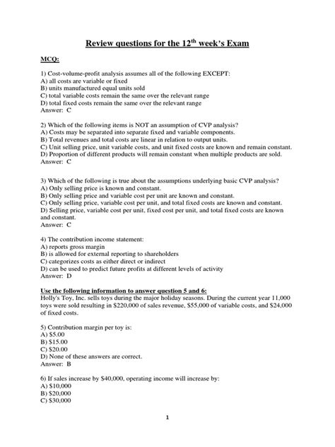 Cvp Analysis Exam Review Questions Pdf Pricing Income Statement