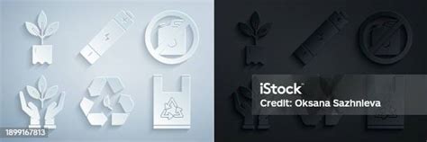 세트 재활용 기호와 잎 휘발유 용기 없음 환경 보호의 식물 손 재활용 비닐 봉투 배터리 및 병 아이콘 벡터 3차원 형태에 대한 스톡 벡터 아트 및 기타 이미지 Istock