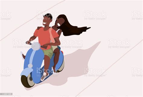 커플 오토바이 스쿠터 아프리카 여성 남자 사랑에 함께 여행 오토바이 활동적인 사람들 자유 개념 남성 여성 전체 길이 문자 평면 수평 검은색에 대한 스톡 벡터 아트 및 기타