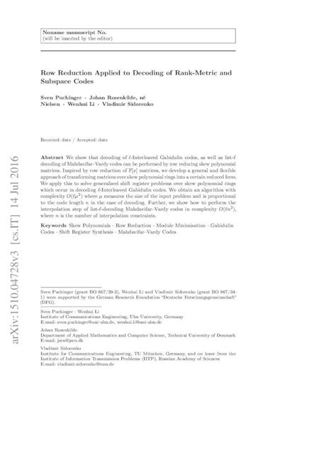 pdf row reduction applied to decoding of rank metric and