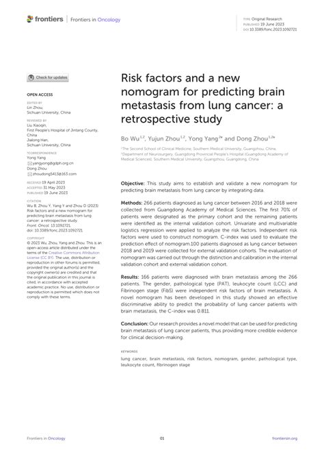 Pdf Risk Factors And A New Nomogram For Predicting Brain Metastasis From Lung Cancer A