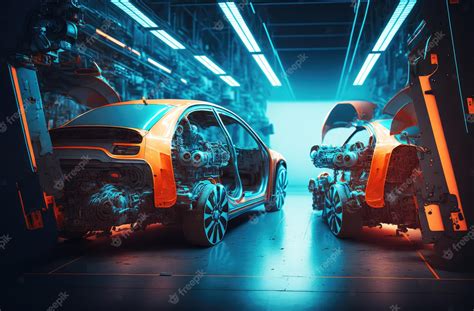 Premium Photo Car Factory Assembly Line With Automatic Robotic Arms Working Generative Ai