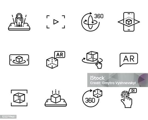 흰색 배경에 격리 된 증강 현실 라인 벡터 아이콘입니다 웹 디자인 모바일 앱 Ui 디자인을 위한 Ar 및 Vr 라인 아이콘 세트 혁신적인 기술 개념 가상현실에 대한 스톡