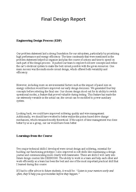 Final Design Report Engineering Design Process Edp Insights And