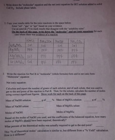 Solved Write Down The Molecular Equation And The Net Chegg Com
