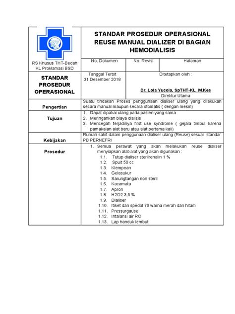 Spo Standar Prosedur Operasional Reuse Manual Dializer Di Bagian Hemodialisis Pdf