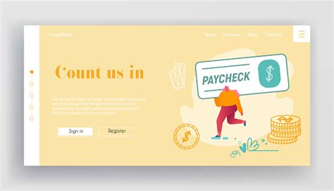 회사 은행 수표 웹 사이트 방문 페이지 소녀 주위에 달러 기호와 황금 동전거대한 급여를 수행 돈 상금 현금 급여 지불 웹 페이지