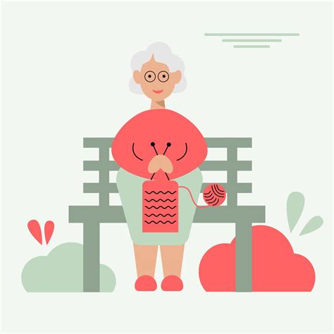 Grandmother Knitting On A Park Bench Vector Flat Illustration