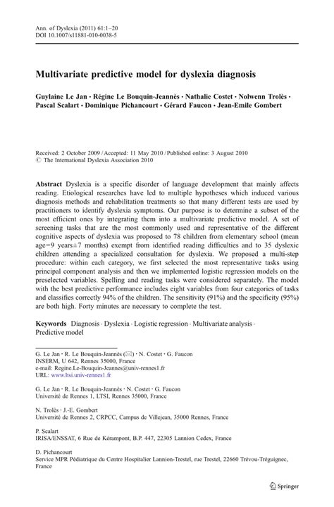 Pdf Multivariate Predictive Model For Dyslexia Diagnosis