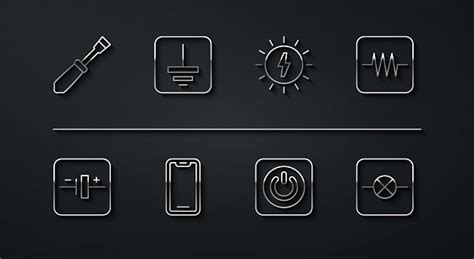 라인 드라이버 Dc 전압 소스 전자 회로의 저항기 전원 버튼 휴대폰 전기 기호 접지 램프 및 태양 에너지 패널 아이콘을