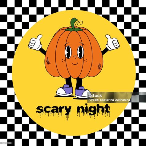 그루비 복고풍 해피 할로윈 귀여운 호박과 글자 무서운 밤 벡터 인사말 템플릿 포스터 인쇄 파티 초대장 및 배경 만화 캐릭터의 펑키 카드 2000년대 스타일에 대한 스톡 벡터