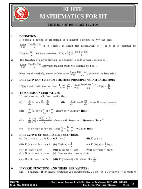 iit notes pdf function mathematics derivative