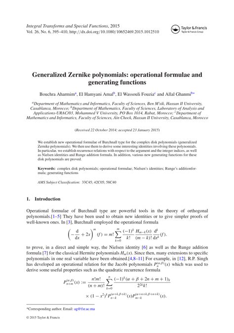 Pdf Generalized Zernike Polynomials Operational Formulae And Generating Functions