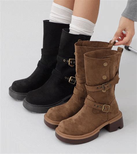 ⚡당일출고⚡실물깡패하비추천🖤라운드토 스웨이드 스냅단추 버클 스트랩 빈티지 통굽 미들 부츠 L 12047 에이블리