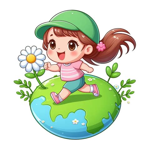 Premium Psd Cute Girl On Earth Planet Cartoon Image
