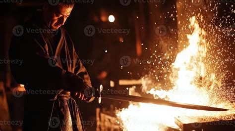 Blacksmith Forging A Sword In The Heat Of The Forge Concept Of