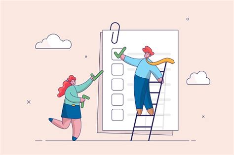 프로젝트 관리 개념입니다 할 일 목록 작업 체크리스트 또는 성취 완료 작업을 완료하기 위한 팀워크 완전한 계획 사업가 동료는 확인란 작업 목록 클립보드에 체크 표시를 하는