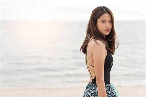 Asian Beautiful Woman Enjoyful On The Beach Background Stock Image