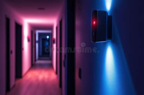 Sleek Modern Hallway With Illuminated Access Control Panel And Vibrant