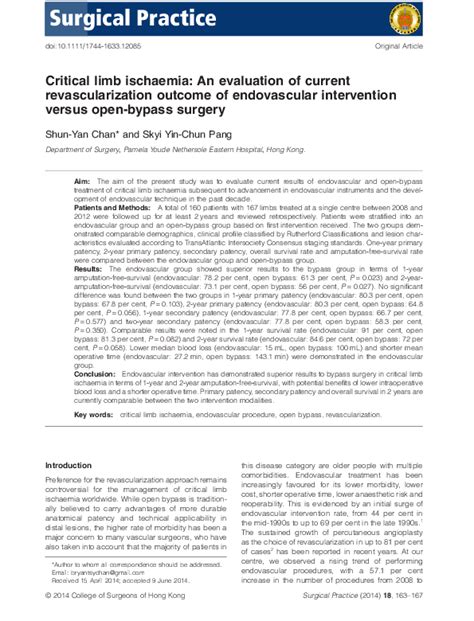 Pdf Critical Limb Ischaemia An Evaluation Of Current Revascularization Outcome Of
