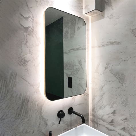 Quadris™ Illuminated Rectangular Contemporary Bathroom Mirror With Brass Frame Etsy