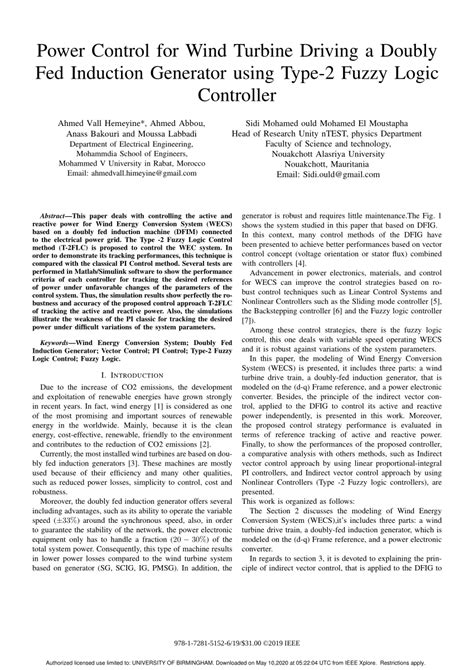 Pdf Power Control For Wind Turbine Driving A Doubly Fed Induction Generator Using Type 2 Fuzzy