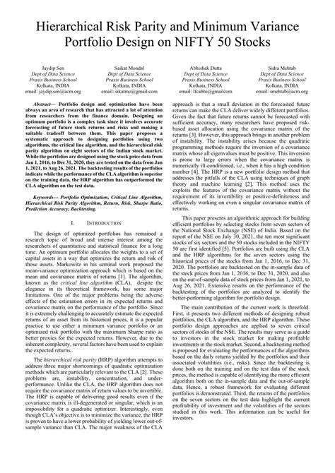 Pdf Hierarchical Risk Parity And Minimum Variance Portfolio Design On Nifty 50 Stocks