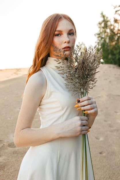 Premium Photo Portrait Of Young Ginger Haired Woman With Freckles