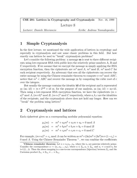Lattices In Cryptography And Cryptanalysis 16 1999 Lecture 8 Lecturer Daniele Micciancio
