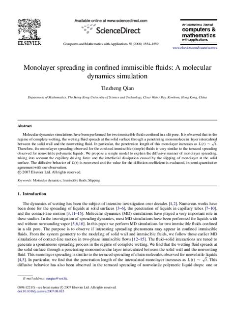 Pdf Monolayer Spreading In Confined Immiscible Fluids A Molecular Dynamics Simulation