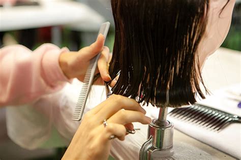국가미용자격증을 취득하기위한 미용실에서 머리를 자르는 모습중 가위와 머리빗이 부각되는 근접촬영뷰티산업 미용실 염색 및 머리 커트 클로즈업 미용실 염색 및 머리 커트