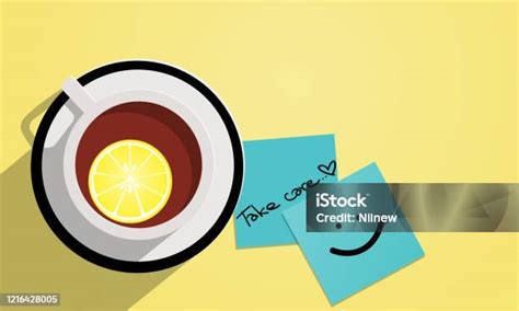 흰색 컵 상단보기 배경에 레몬 차와 파란색 종이에 주의 텍스트를 벡터 일러스트레이션 갈색에 대한 스톡 벡터 아트 및 기타 이미지 갈색 감귤류 과일 건강한 생활방식