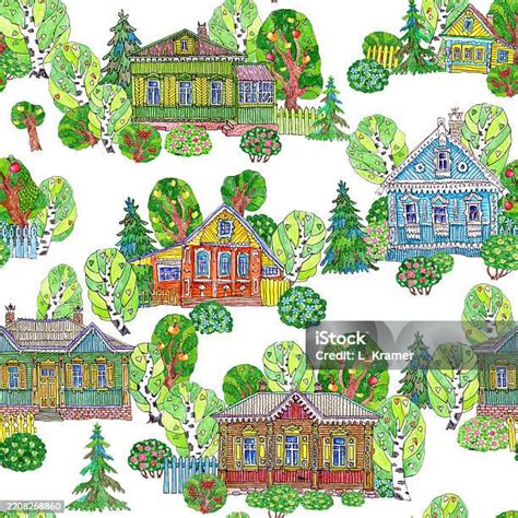 동화 같은 목조 주택과 나무의 완벽 한 패턴입니다 손으로 그린 색연필 흰색 배경에 스케치 0명에 대한 스톡 벡터 아트 및 기타 이미지 Istock