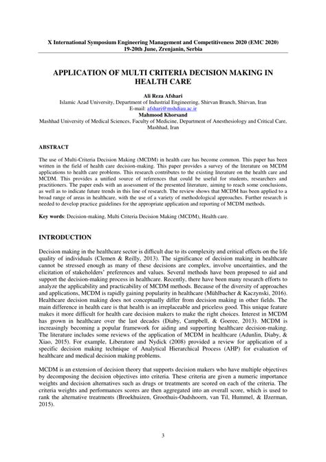 PDF APPLICATION OF MULTI CRITERIA DECISION MAKING IN HEALTH CARE