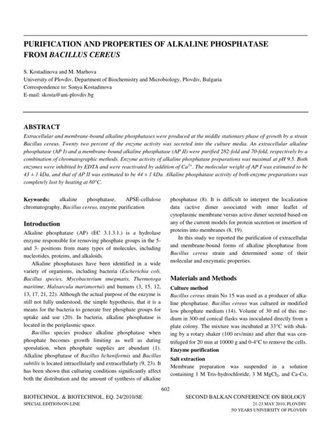Pdf Purification And Properties Of Alkaline Phosphatase From Bacillus Cereus