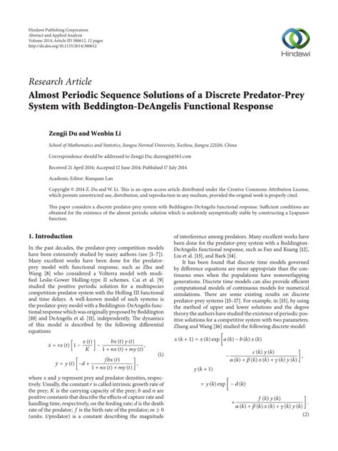 Pdf Almost Periodic Sequence Solutions Of A Discrete Predator Prey System With Beddington