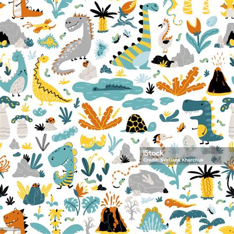 공룡 새 뱀 정글 열대 화산 야자수 구름 계란의 다양한 귀여운 원활한 패턴 스칸디나비아 스타일의 아기 벡터 일러스트레이션입니다 공룡에 대한 스톡 벡터 아트 및 기타 이미지