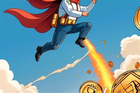 Bitcoin Skyrocketing Man With Jetpack Flying Upwards With Bitcoins In The Sky Crypto Currency