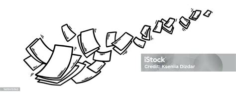 Flying Paper Sheets In Doodle Style Hand Drawn Blank Document Pages