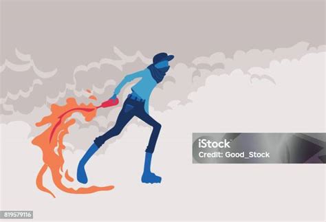 몰로토프 칵테일 화재 및 연기와 과격 한 젊은 남자 난동 벡터 그림 포스터 복사 공간입니다 실루엣에 대한 스톡 벡터 아트 및 기타 이미지 Istock