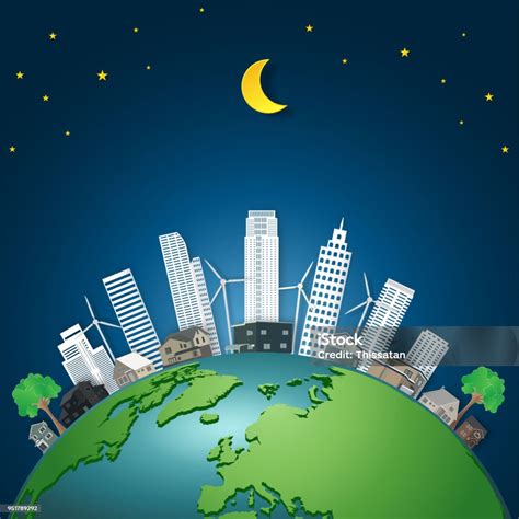현대 건물 도시 그리고 비즈니스 자연 환경 그리고 사랑 지구의 날 개념으로 밤에 녹색 세계에 벡터 일러스트 종이 예술과 공예 스타일의 0명에 대한 스톡 벡터 아트 및 기타