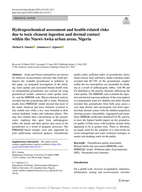 Hydrogeochemical Assessment And Health Related Risks Due To Toxic