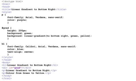 html code for div tag internal style sheet for linear gradient running to bottom right text