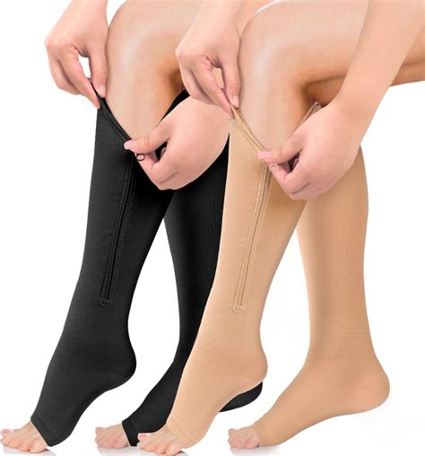 ACTINPUT Pairs Compression Socks Toe Open Leg Support Stocking Knee High Socks With Zipper