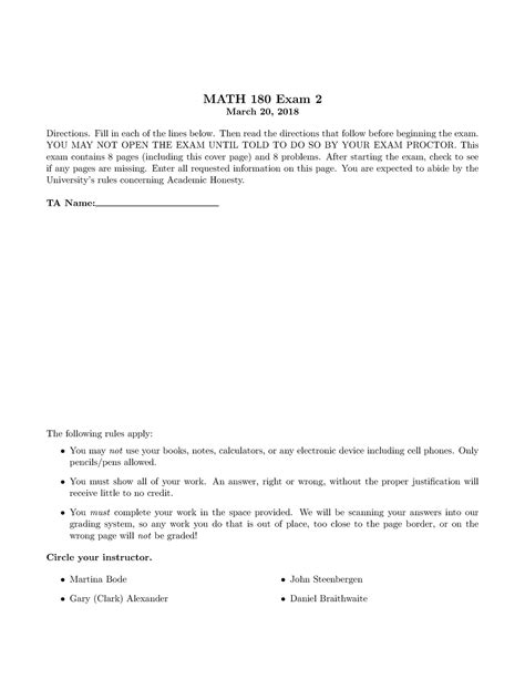 Math180 Second Spring 2018 Math 180 Exam 2 March 20 2018 Directions