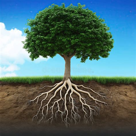 Single Tree With Its Roots Visible In The Soil Stock Illustration