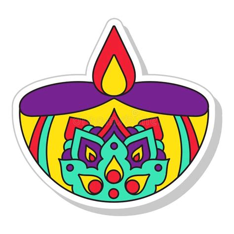 Sticker Style Colorful Floral Diyali Oil Lamp Stock Illustration