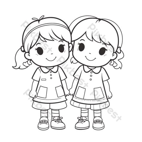 Outline Sketch Two Kindergarten Sisters Coloring Pages To Print Drawing Vector Png Images Png